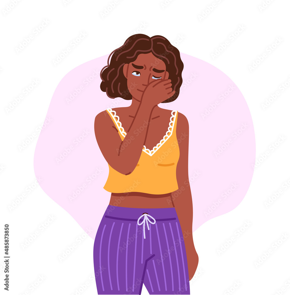 Sad crying black woman wipes away tears. Depressed unhappy upset ...