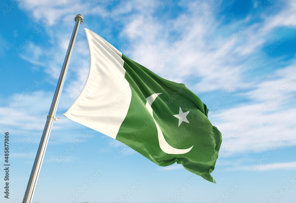 3d rendering Pakistan flag waving in the wind on flagpole. Perspective ...