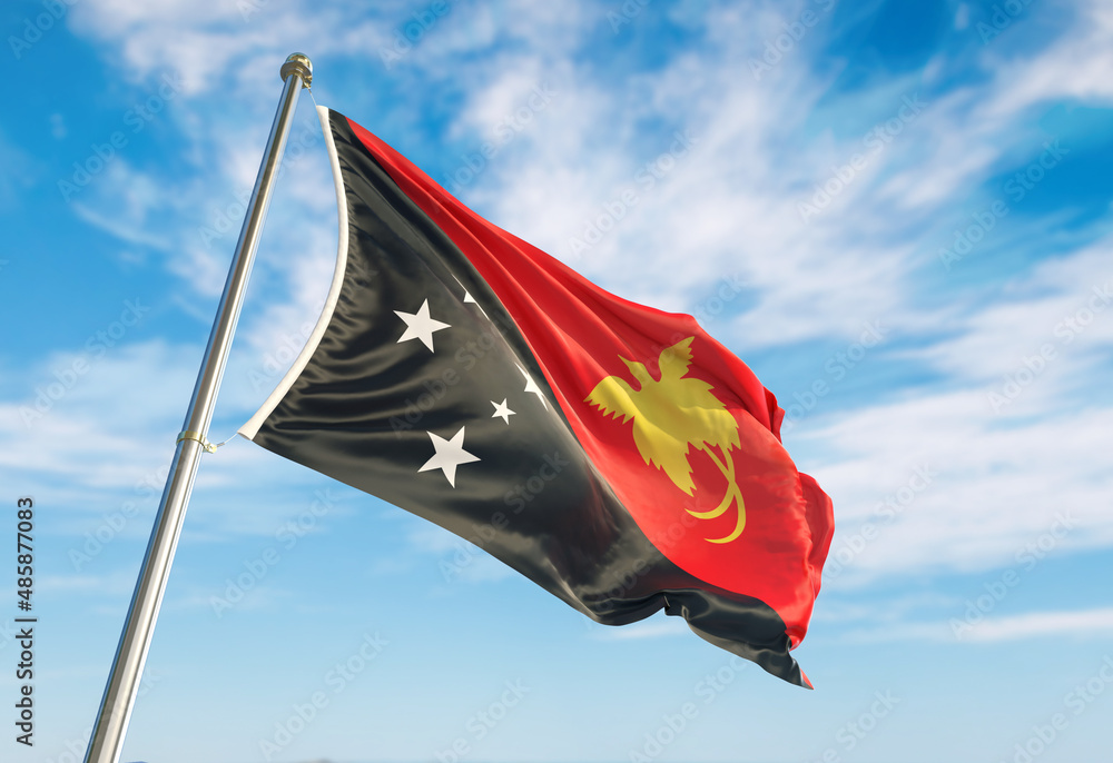 3d rendering Papua New Guinea flag waving in the wind on flagpole ...