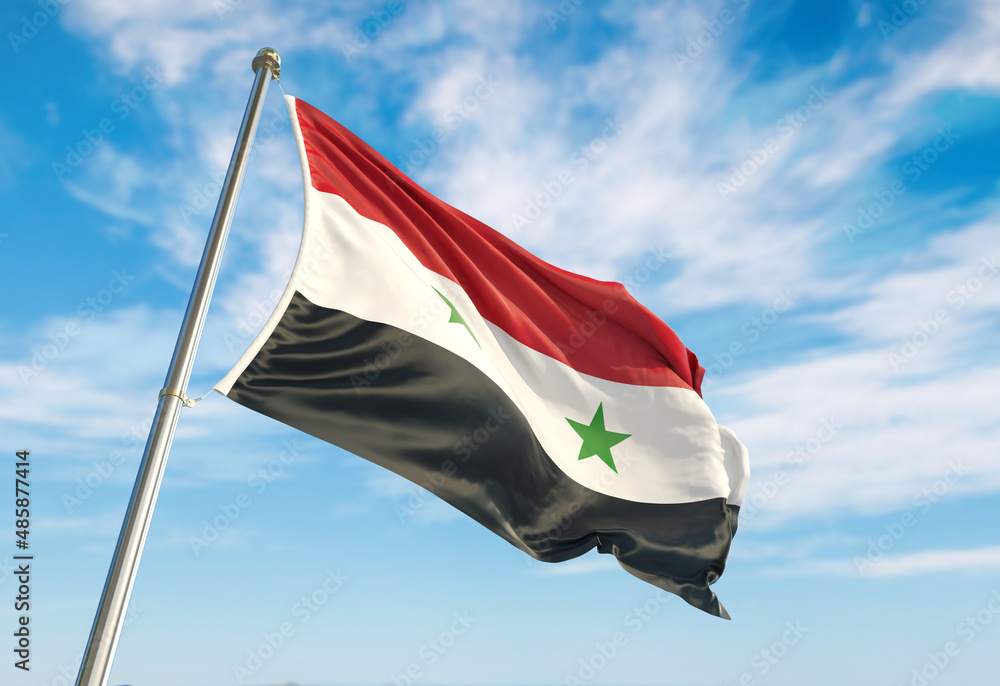 3d rendering Syria flag waving in the wind on flagpole. Perspective ...