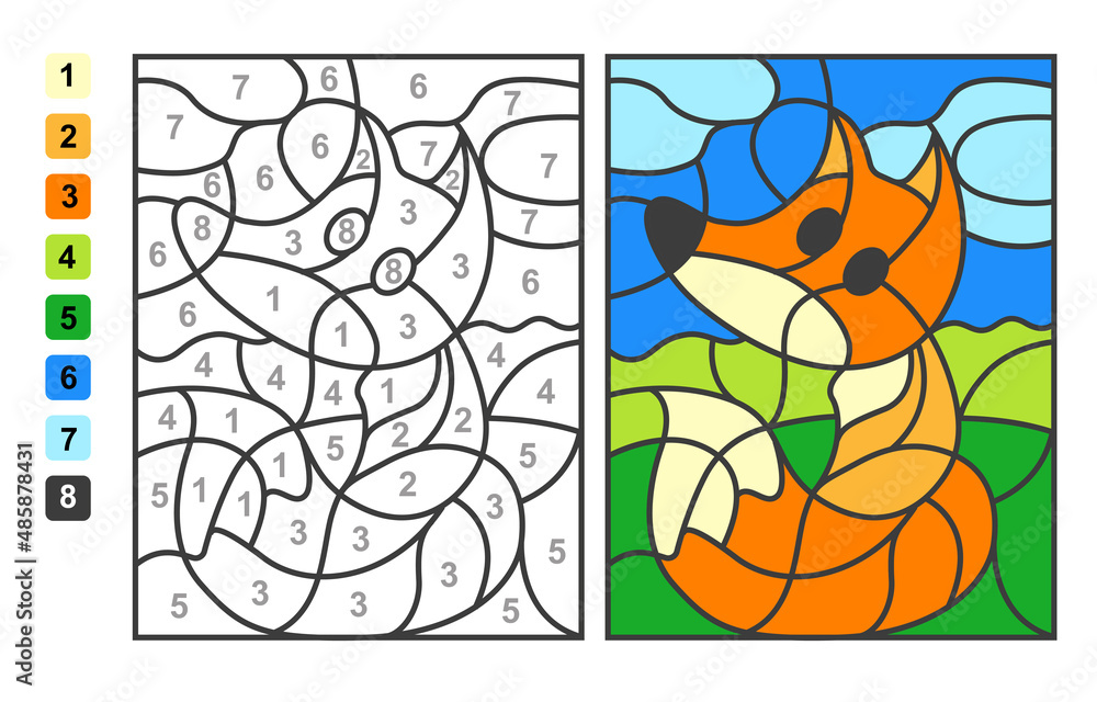 Simple level vector coloring wild wild animal fox, color by numbers ...