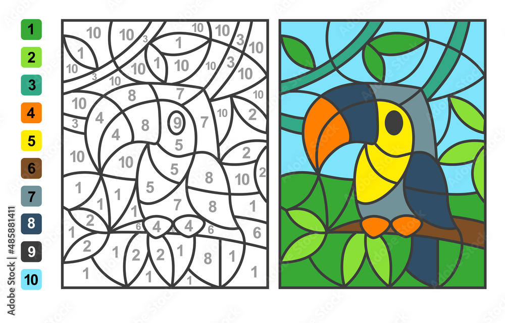 Simple level vector coloring zoo animal bird toucan, color by numbers ...
