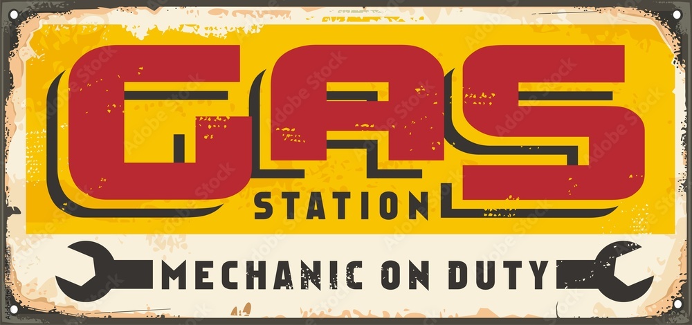 Gas station retro sign design template on old metal background. Vintage ...