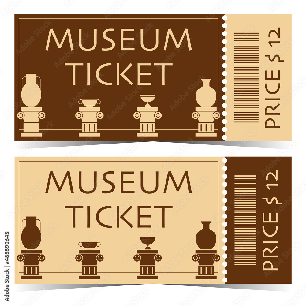 Ticket to access the historical museum with exhibits on the podium. Flat vector illustration of ...
