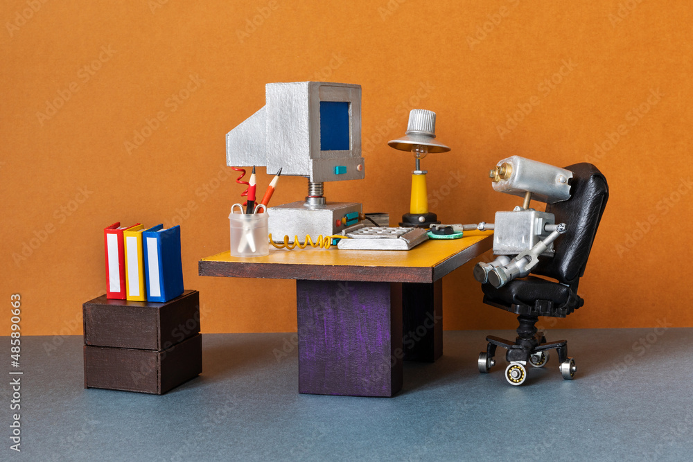 Robot office manager, retro style workplace. Old table with vintage ...