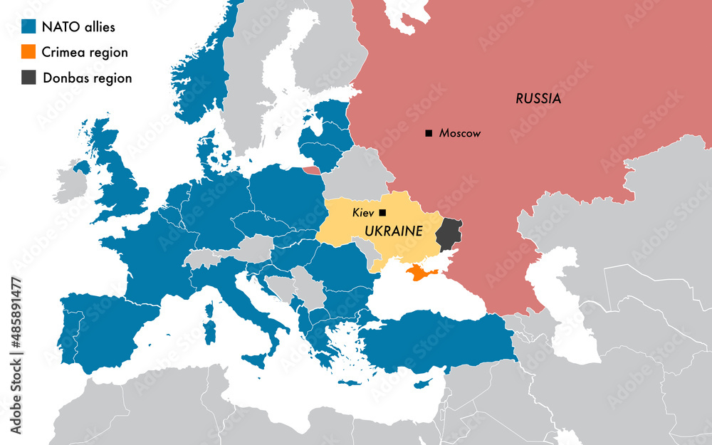 Map with the dispute between Ukraine and Russia, the Crimea and Donbas ...