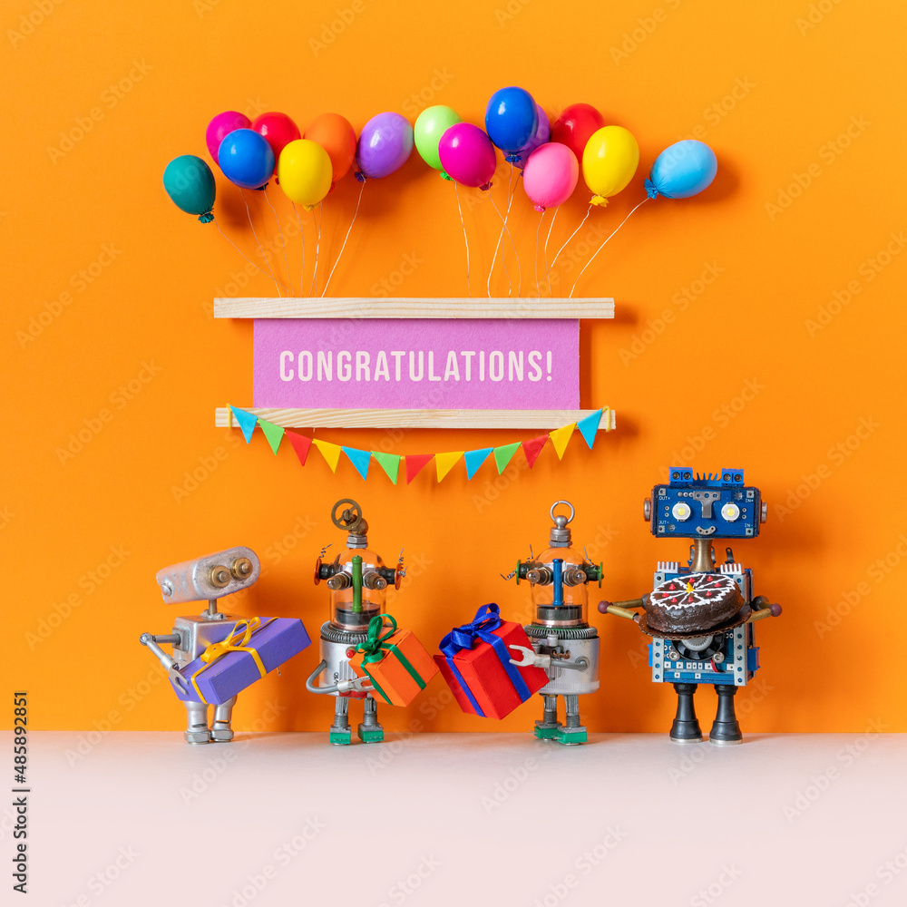 Congratulation festive banner decorated with balloons, garland flags ...