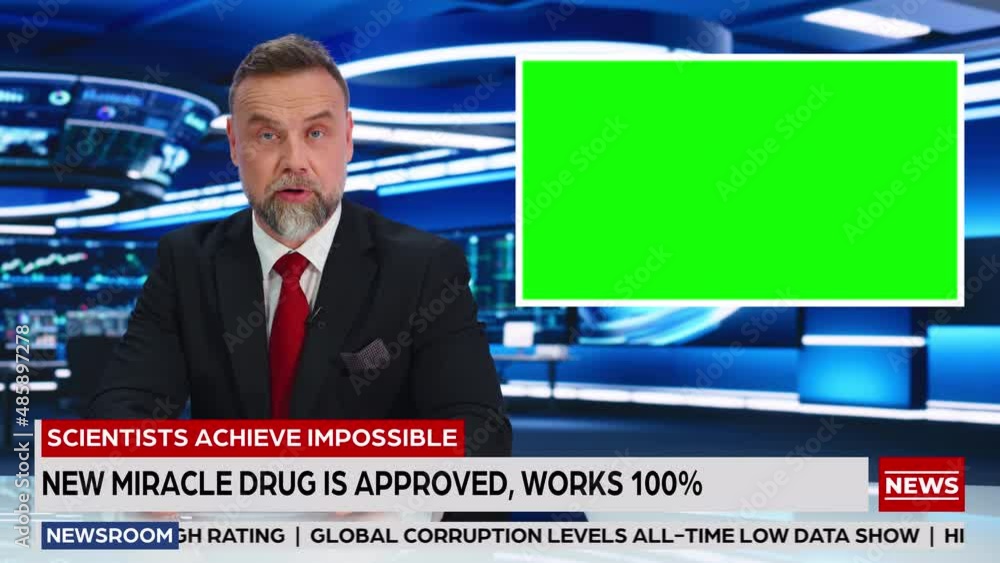 Newsroom TV Studio Live News Program: Professional Male Presenter ...