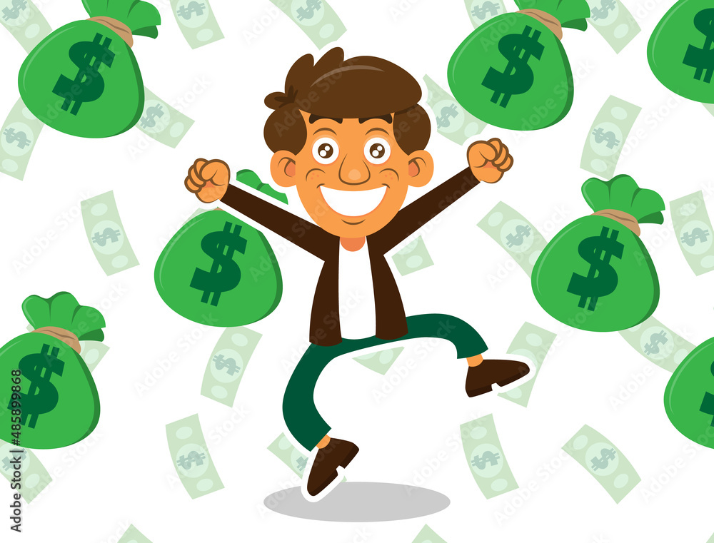 Cartoon illustration of businessman very happy and jumping in money ...