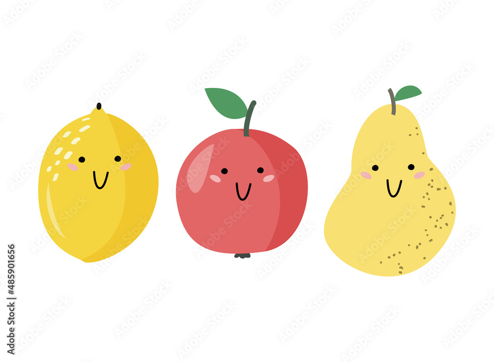 Simple cute fruits with smile illustration. Minimal flat style cartoon ...