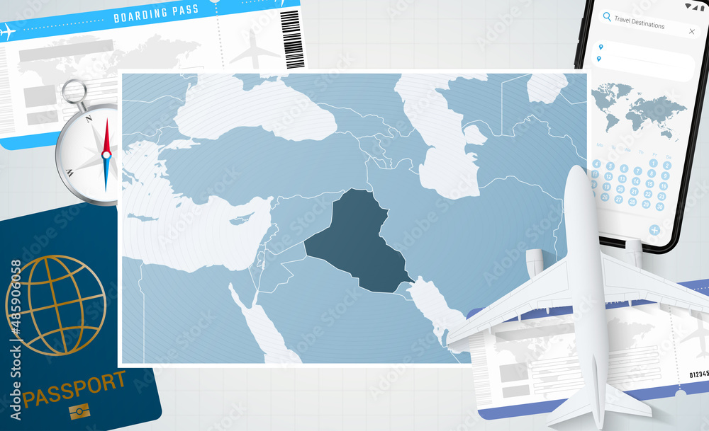 Journey to Iraq, illustration with a map of Iraq. Background with ...