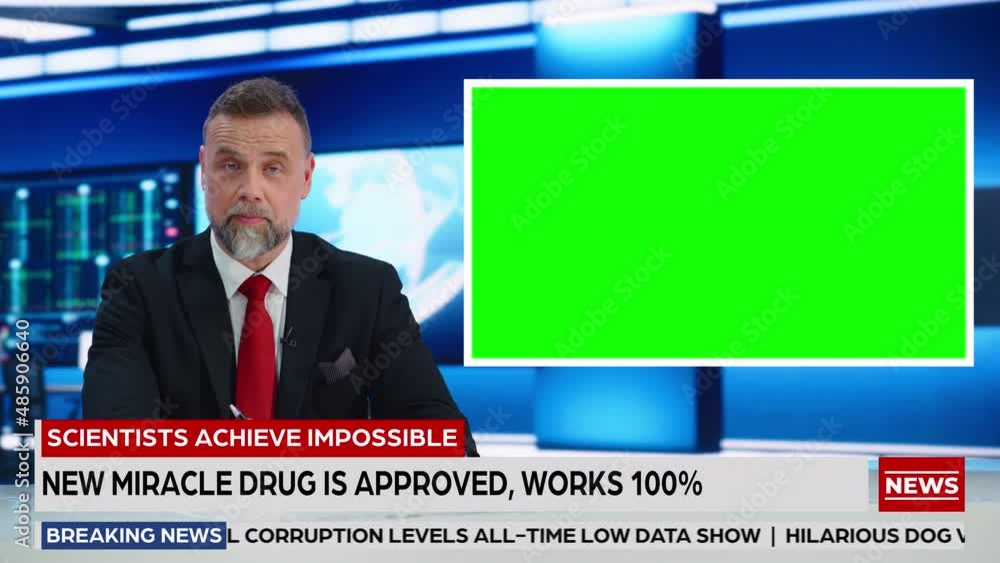 Newsroom TV Studio Live News Program: Professional Male Presenter ...