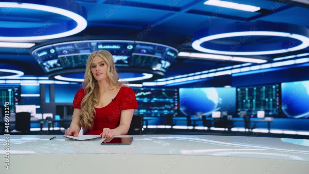 TV Live News Program with Professional Female Presenter Reporting ...