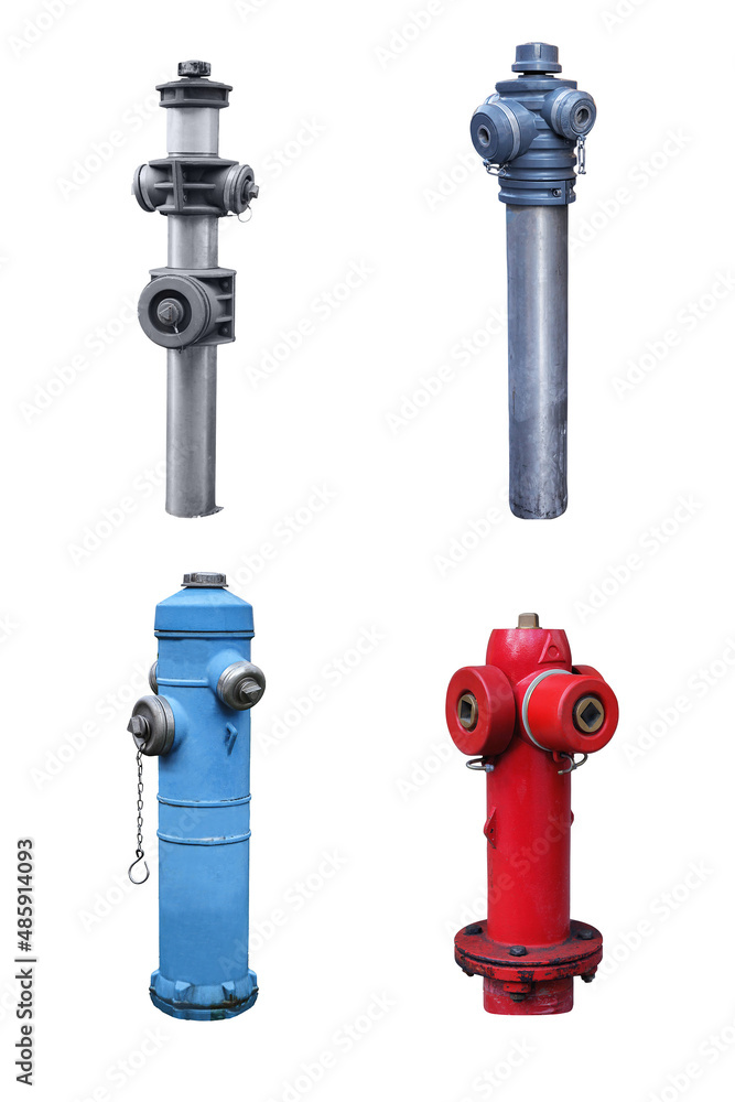 four old street firefighters hydrants for extinguishing fire isolated ...