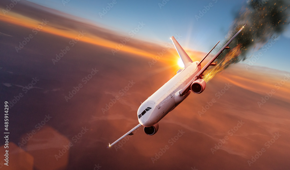 flying aircraft with exploding aero engine just before air crash Stock ...