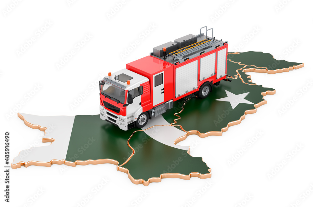 Fire department in Pakistan. Fire engine truck on the Pakistani map. 3D ...