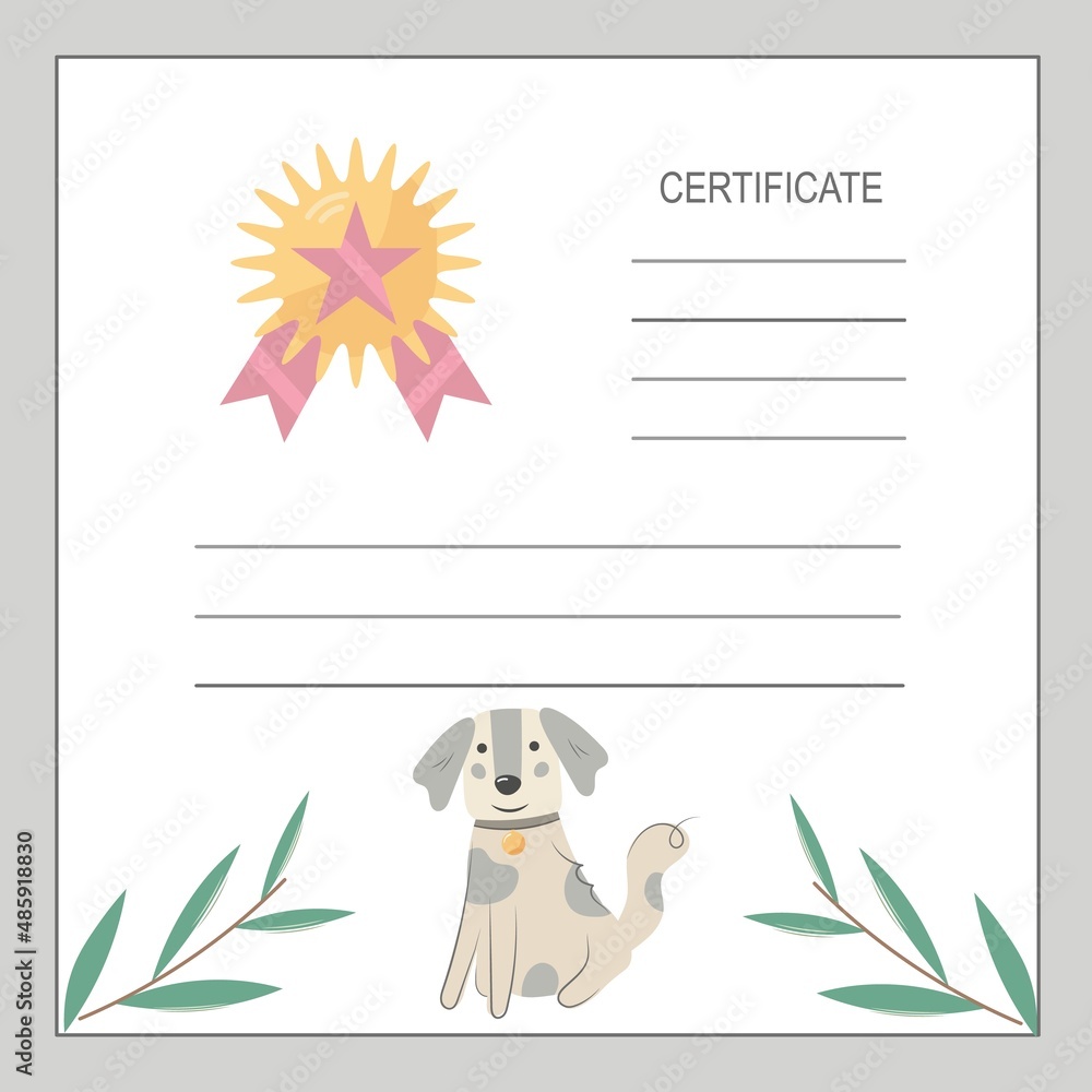 Gift certificate with dog, medal and green branches. Dog ID template ...