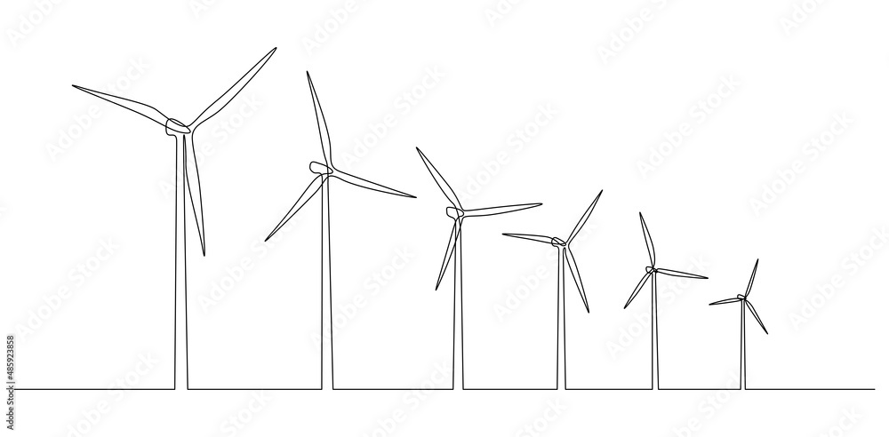 Wind turbines and windmill in one continuous line drawing. Green energy ...