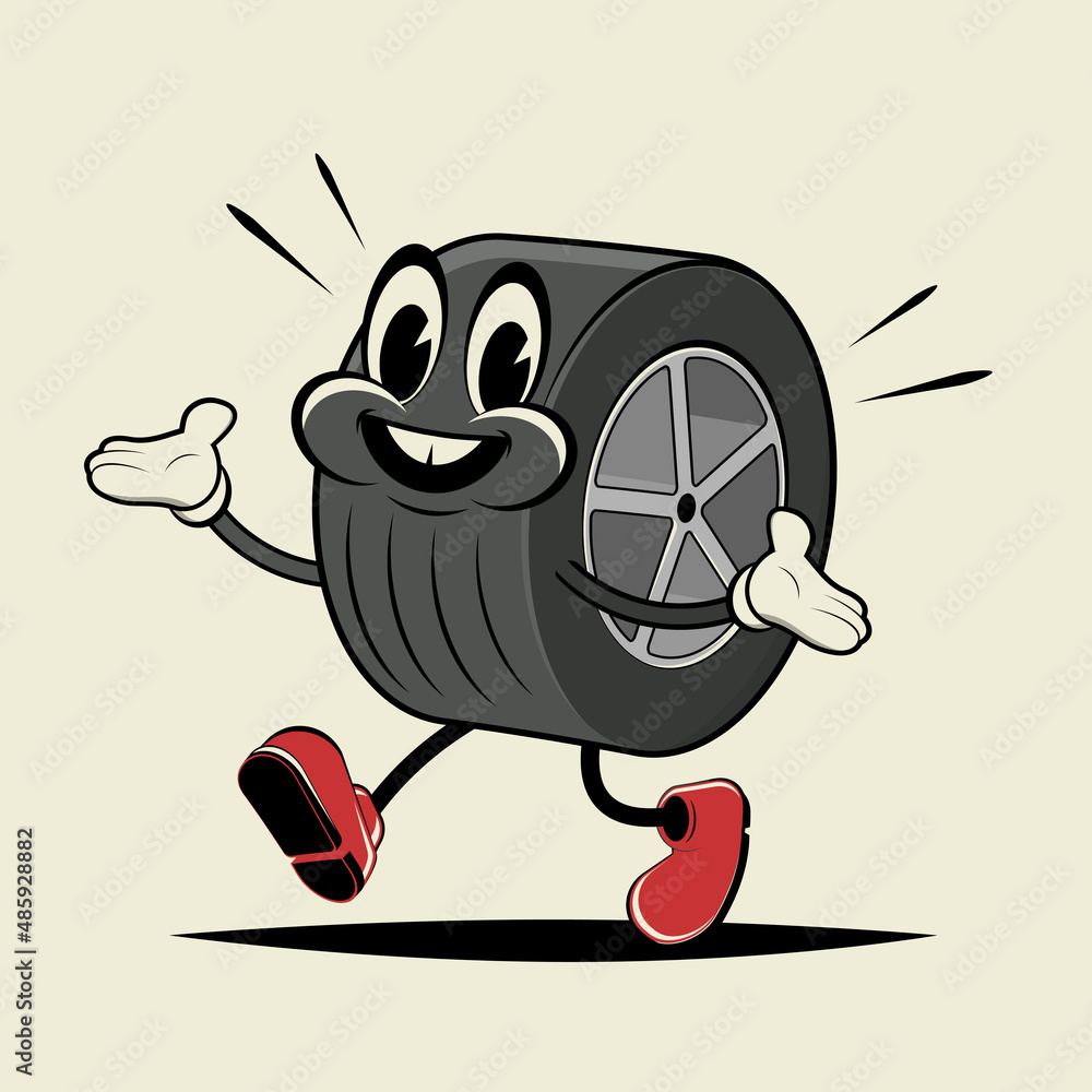 funny retro cartoon illustration of a tire Stock Vector | Adobe Stock