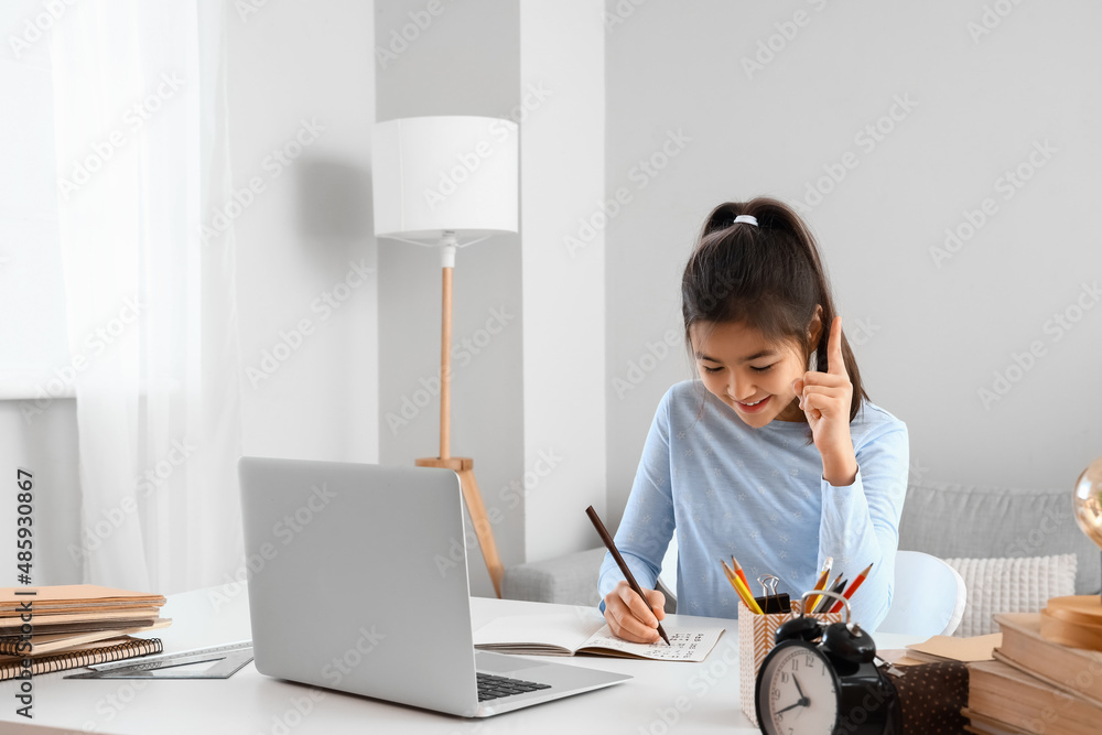 Little Asian girl with raised index finger studying Math online at home ...