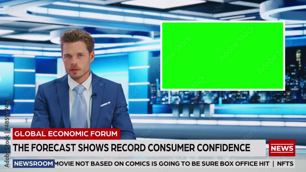 Video Stock Newsroom TV Studio Live News Program: Caucasian Male ...