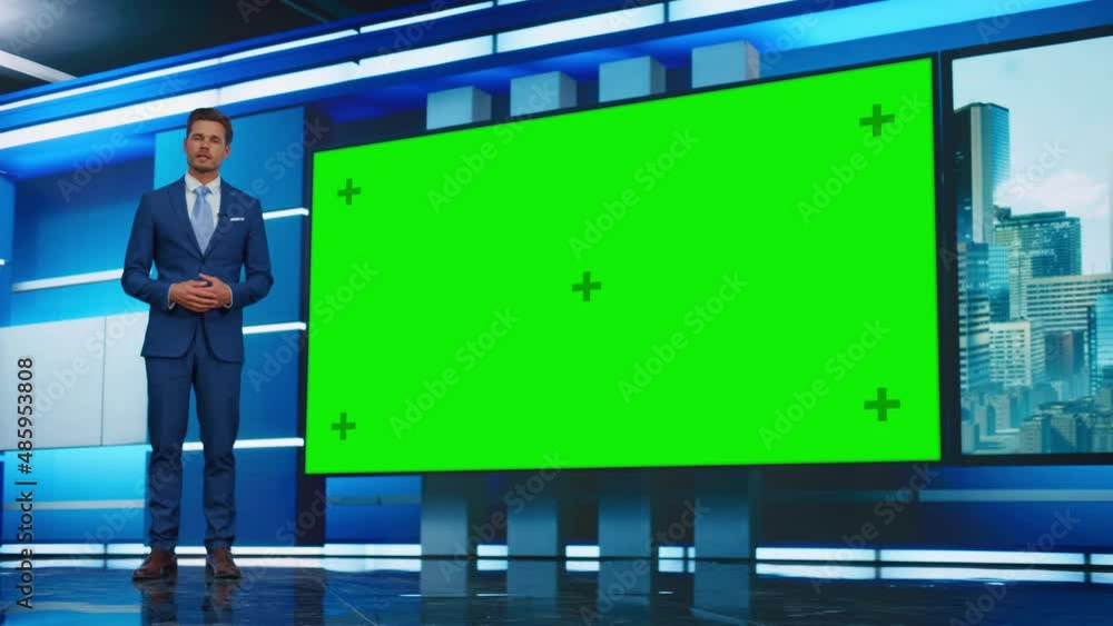 Talk Show TV Program: Handsome White Male Presenter Standing in Studio ...