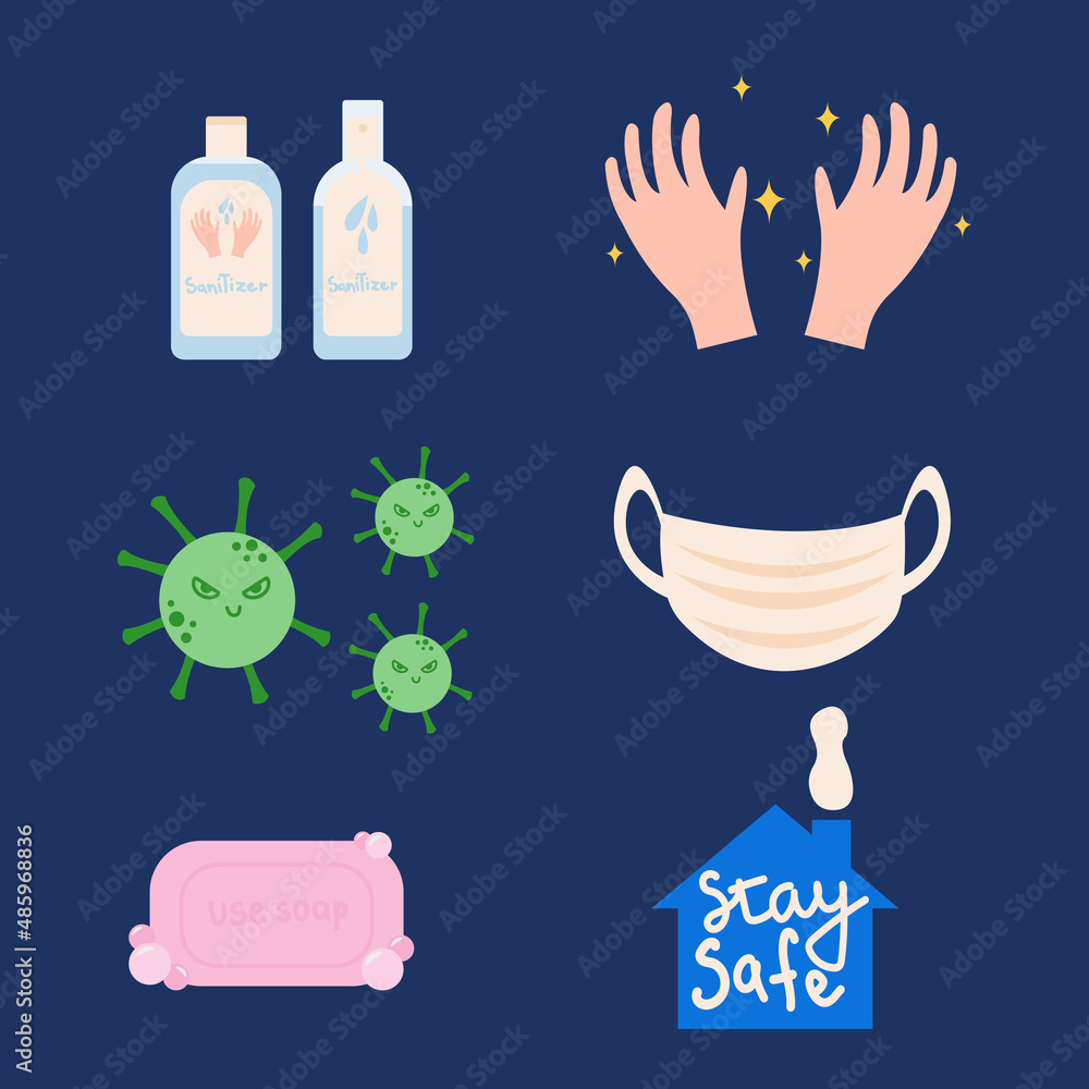 Fun kids hygiene object animated cartoon characters set. Soap, corona ...