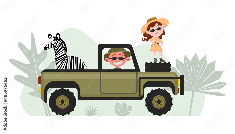 Safari car with kids scout vector characters and zebra on botanic ...