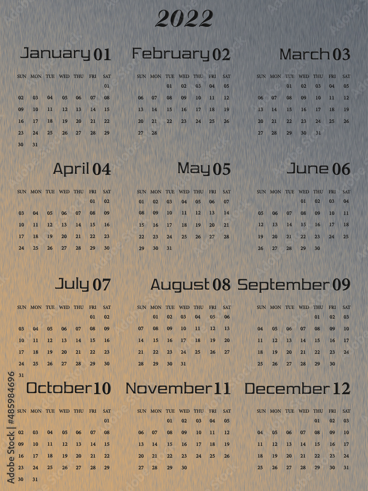 Calendar 2022, calculated for 12 months, week starts on Sunday, yellow ...