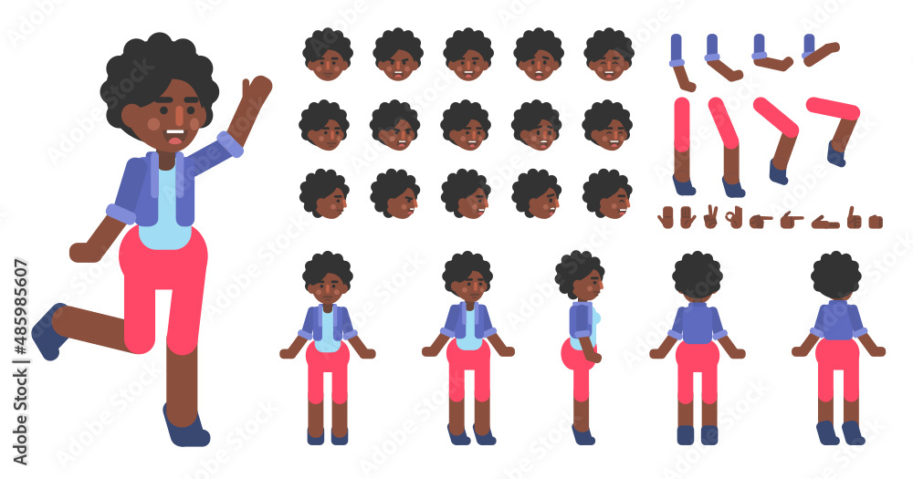 Cheerful black woman creation kit. Create your own action, pose ...