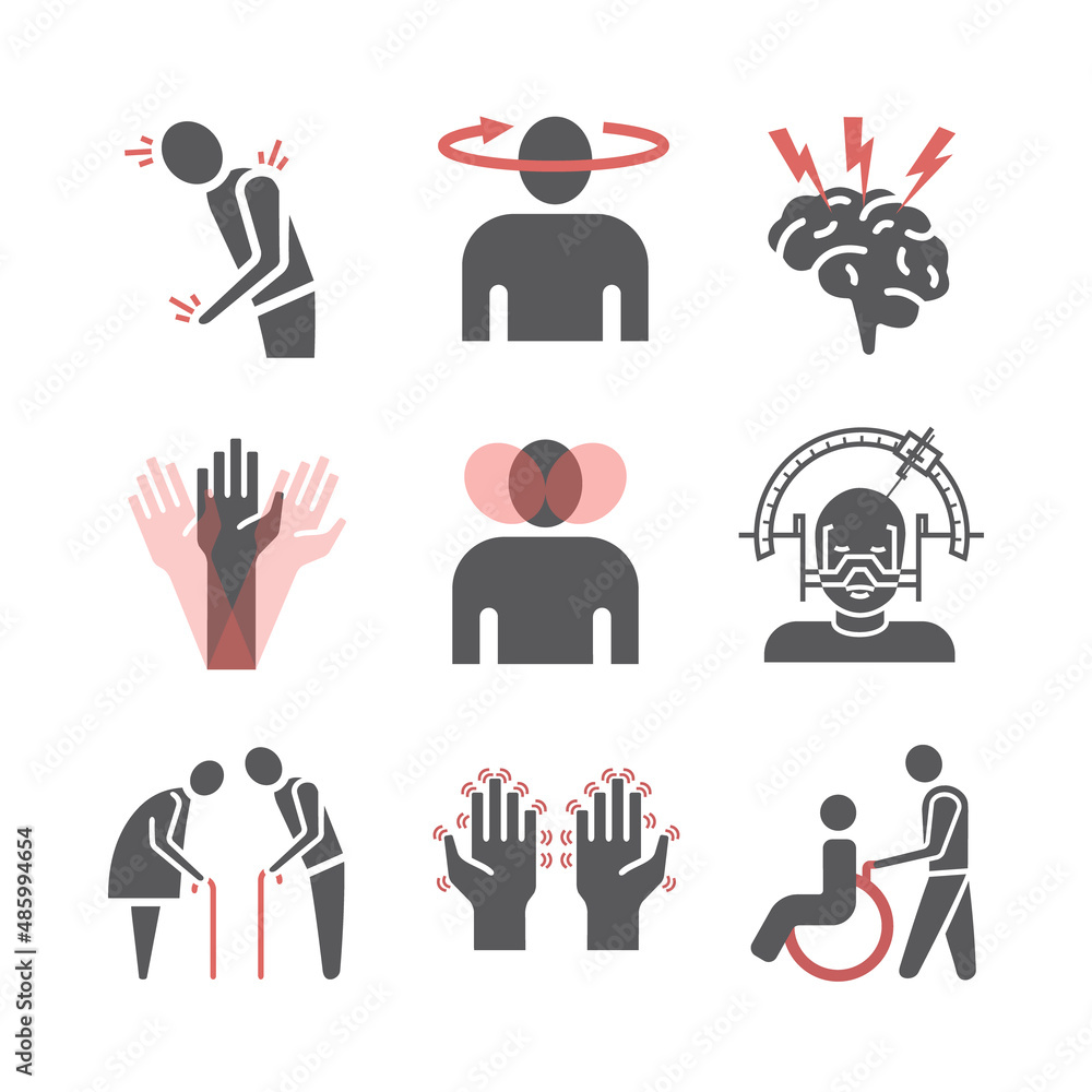Parkinson's disease. Symptoms, Treatment. Flat icons set. Vector signs ...