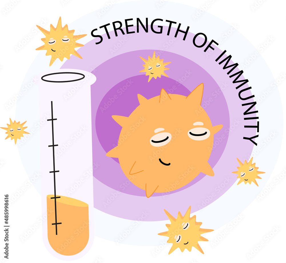 Strength of immunity concept with healthy cute character surrounded by ...