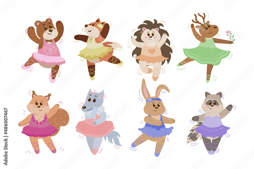 Cute animal ballerina characters vector illustrations set. Baby bunny ...