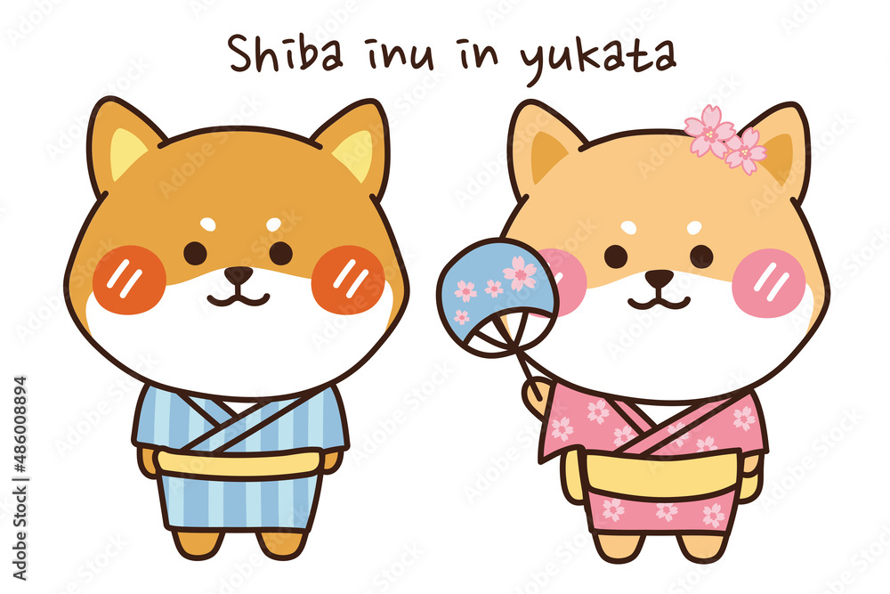 Shiba inu wearing yukata hand drawn on white background.Japanese dog ...