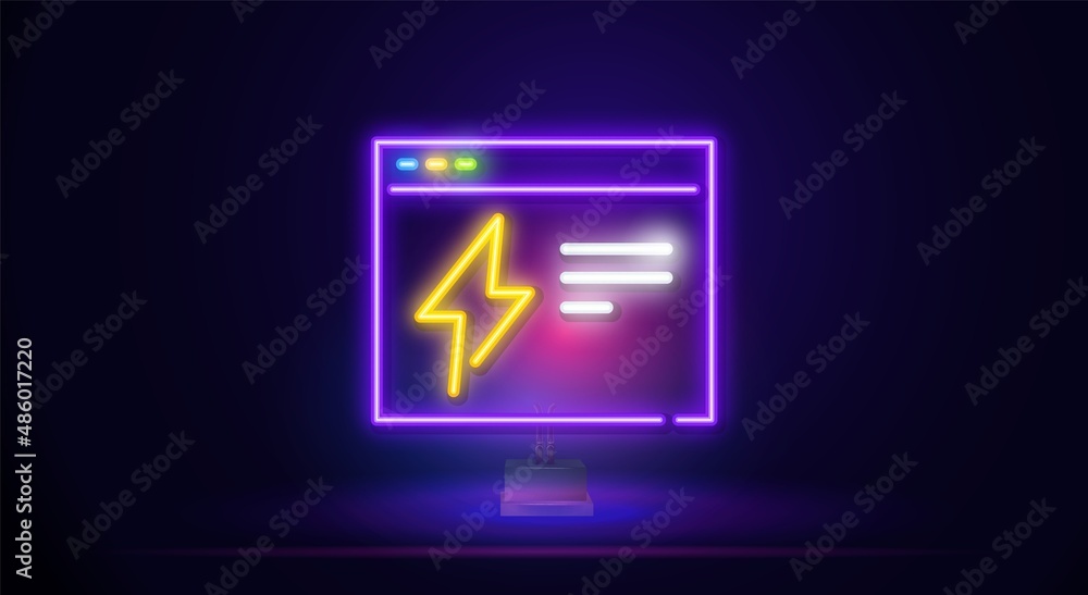 Paper List And neon light sign vector with lightning bolt icon. Glowing ...