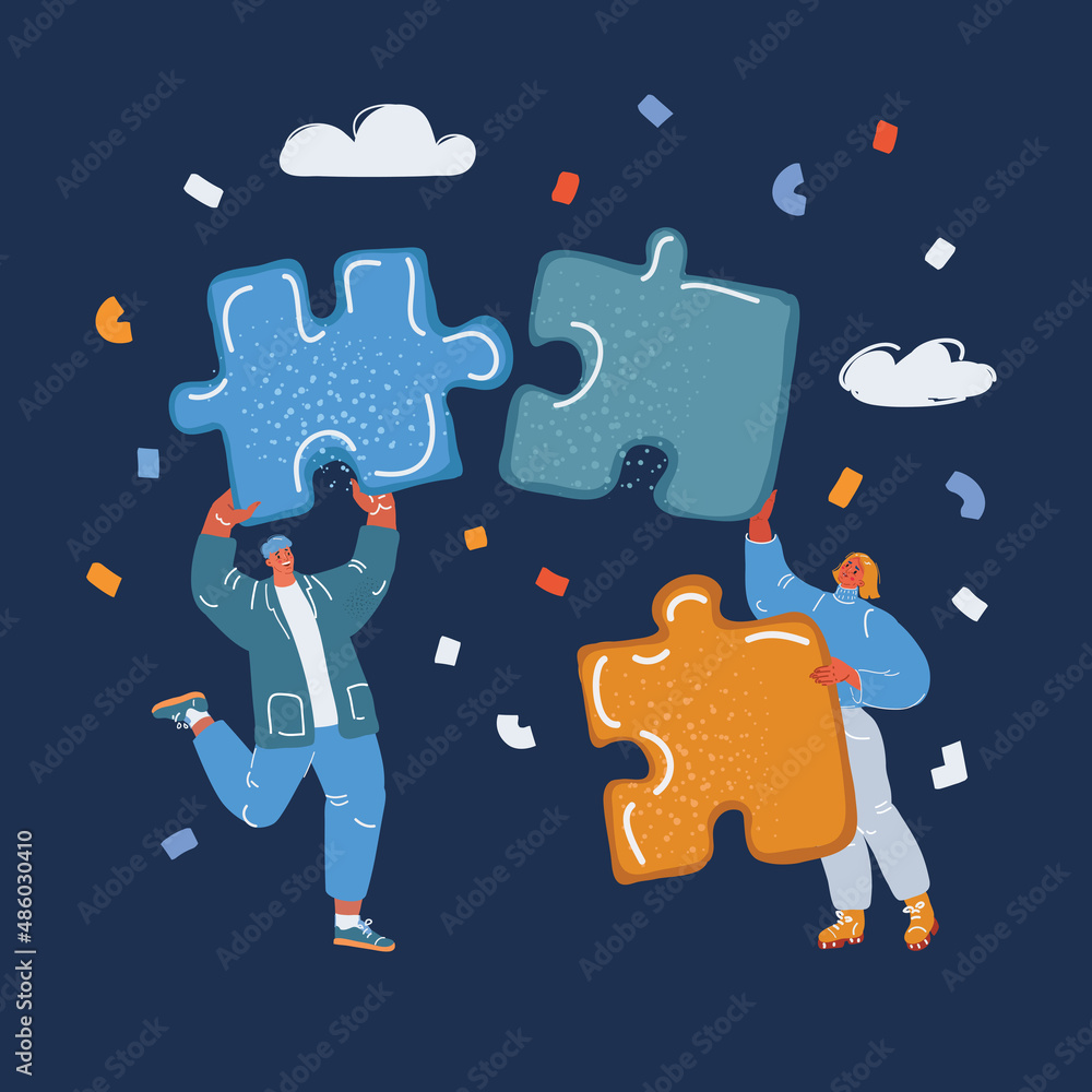 Cartoon vector illustration of two people connecting jigsaw puzzle ...