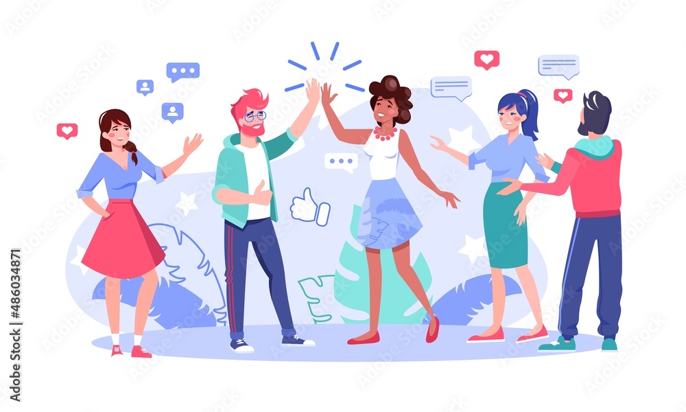 Happy social media users group standing analyzing like statistics ...