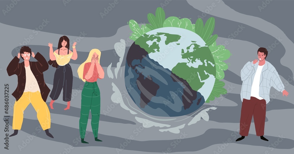Vector flat cartoon characters shocked by state of planet Earth ...