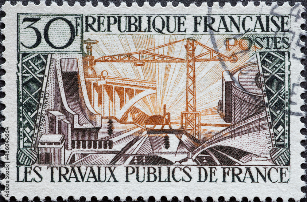 France - circa 1957: a postage stamp from France , showing construction ...