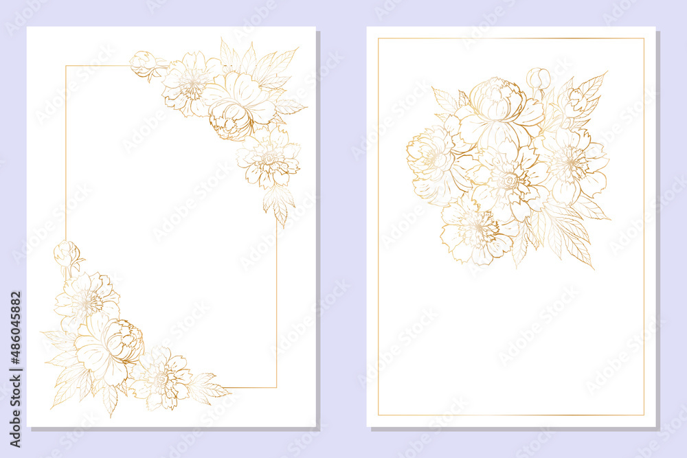 Set of decorative frame postcard templates with bouquets of peony ...