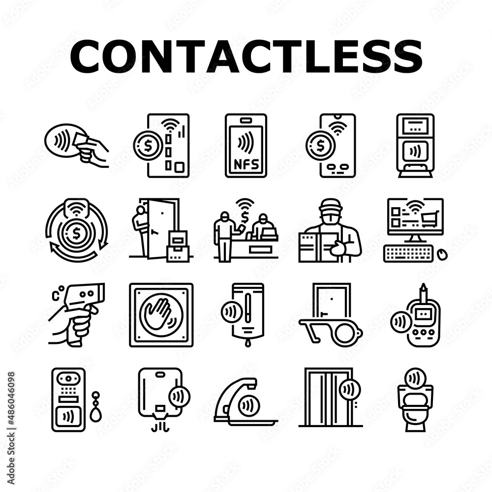 Contactless System Technology Icons Set Vector. Contactless Payment ...