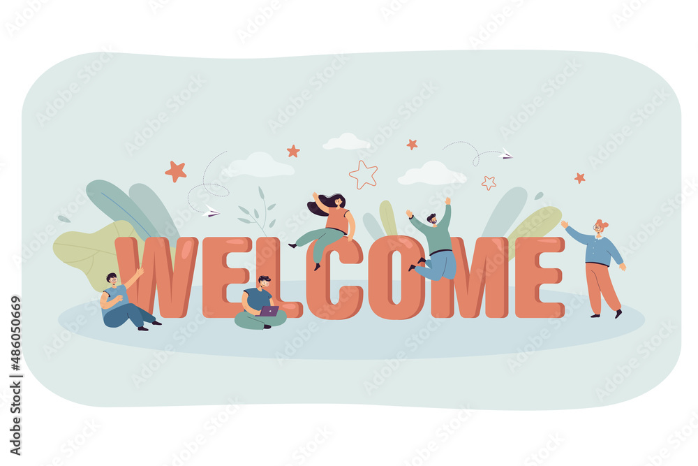 Team of tiny happy office people with huge welcome word. Poster with ...