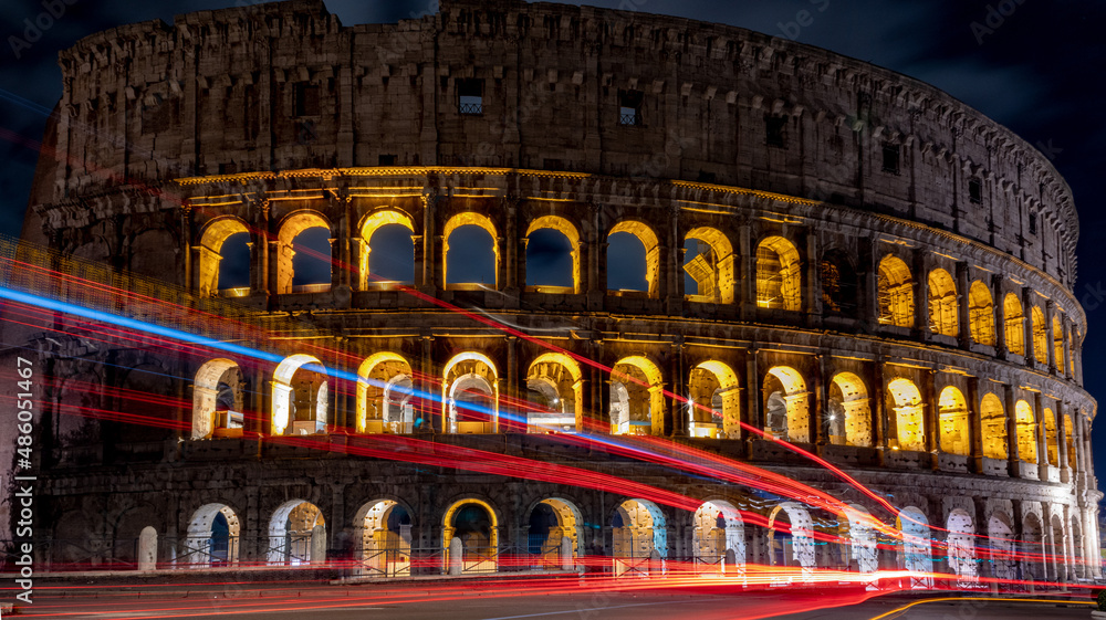 Cars light trails near the Coloseum, Rome, Italy. Also Known As Flavian ...