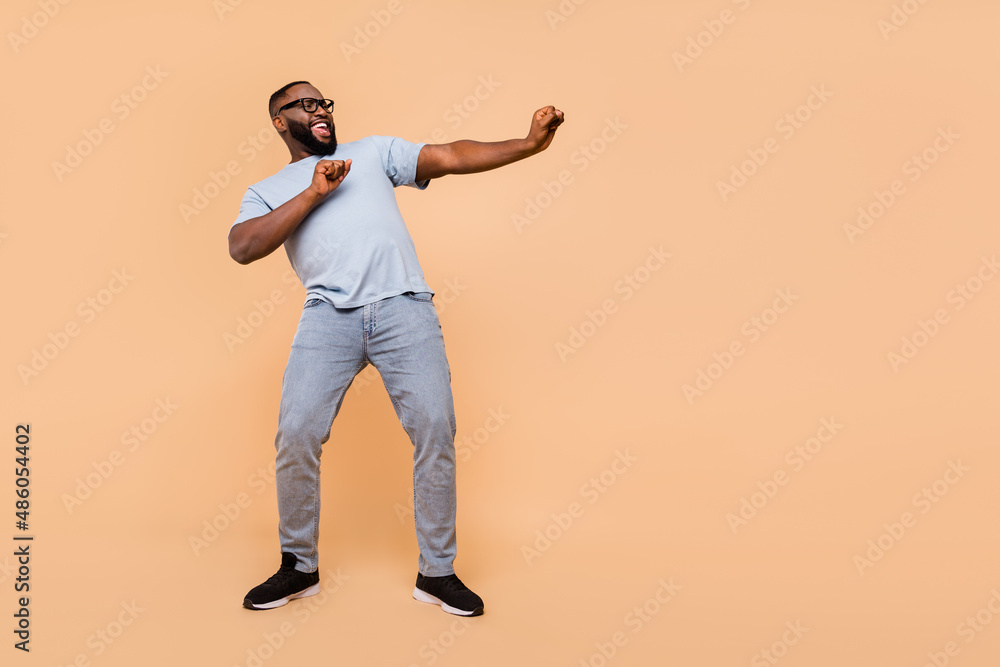 Full length body size view of attractive cheerful cool guy moving ...