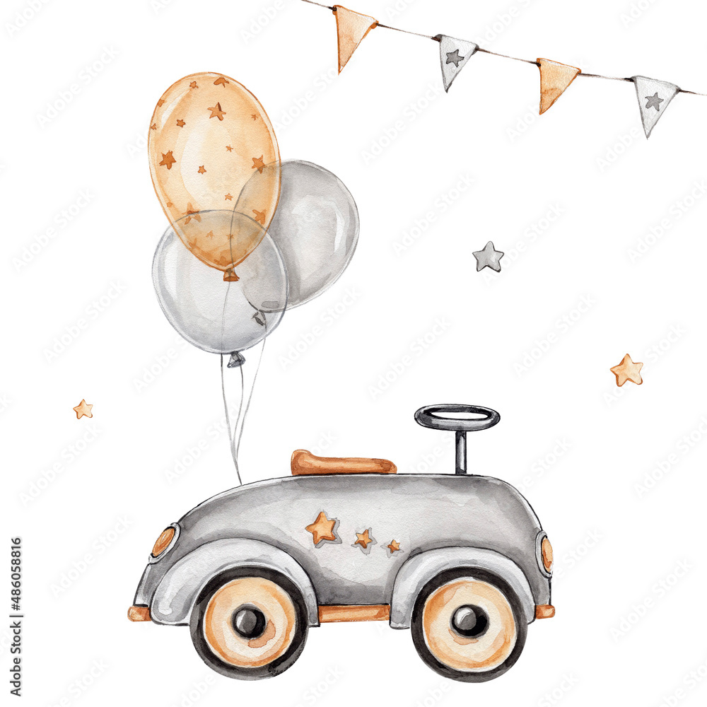 Cartoon retro car with balloons and stars; watercolor hand drawn ...