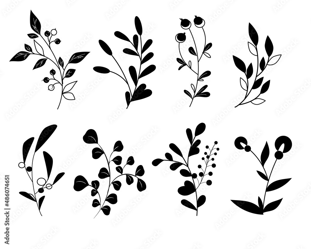 Floral branch and minimalist flowers for logo or tattoo. Hand drawn ...