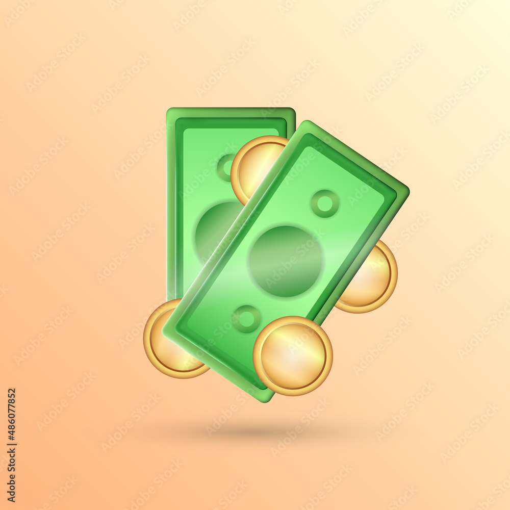 Cartoon realistic three-dimensional cash in bundle, stack, piles ...
