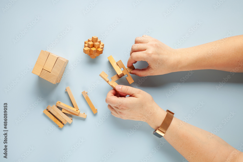 Wooden table game block puzzle abstract and components on blue ...