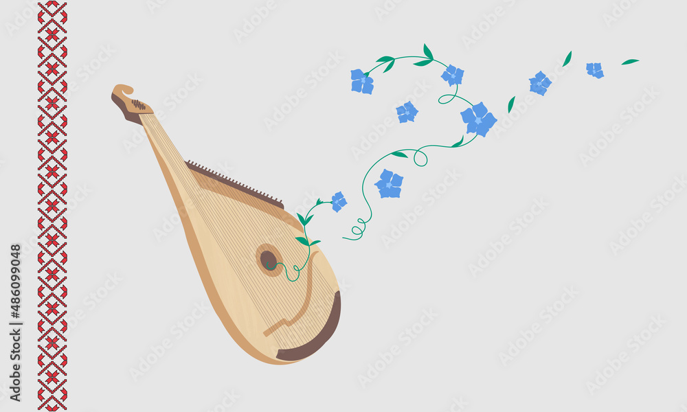 Ukrainian musical instrument bandura and flowers background with copy ...