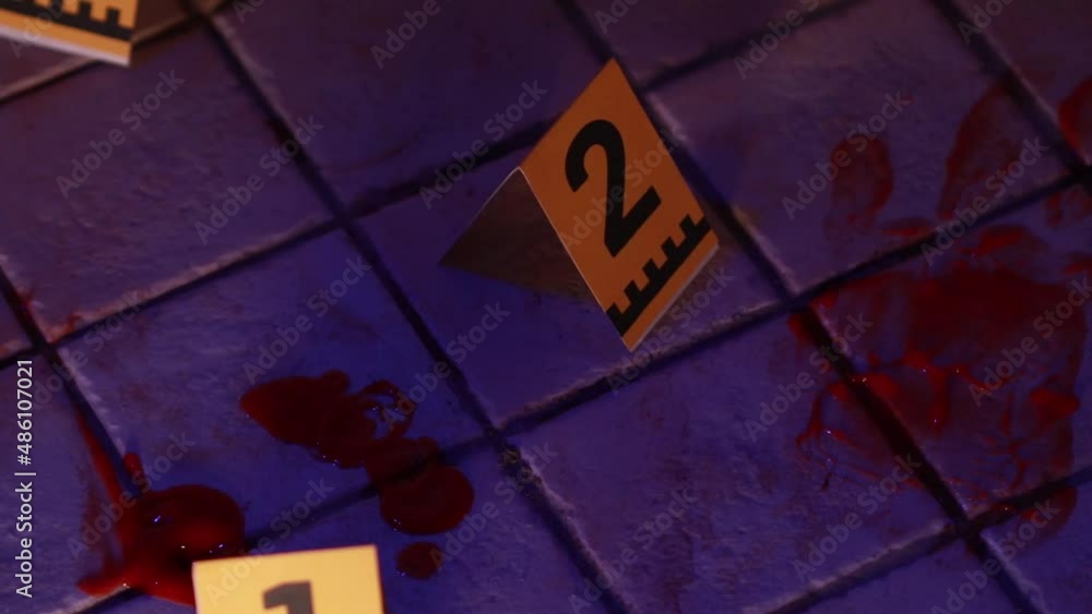 A crime scene overview of evidence on bathroom floor tiles in the dark ...
